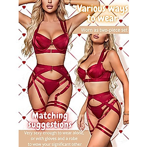 Kaei&Shi Garter Belt Thong Lingerie for Women,Strappy Hollow Out Underwire Racerback Sexy Lingerie,Harness Garter Leg Strap Matching 4 Piece Lingerie Set Boudoir Burgundy Medium