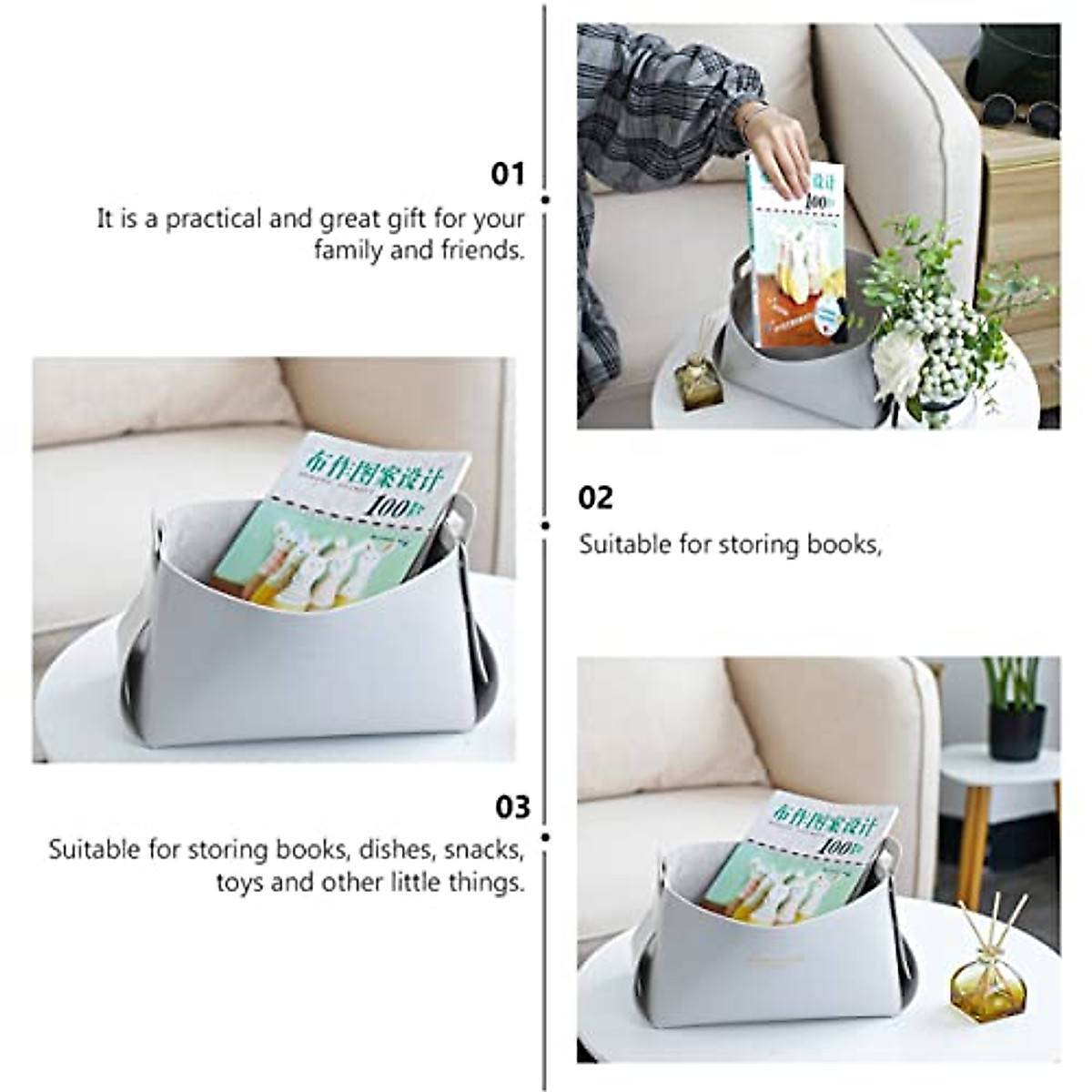 Cabilock Box Handle Flowers Basket Room Leather Desk for Wallet Storage Coin Decoration Baskets Fruits Small Cube Toys Bedside Jewelry Grey Collapsible Living Assembled Organizer Holder