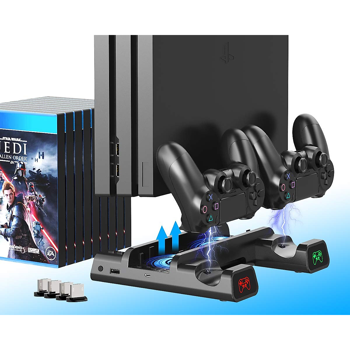 ElecGear PlayStation 4 Vertical Stand and Cooling Fan, Dual Charging Station for DualShock 4 Controller Charger Dock with 4X Mini Dongle, 10x Games Storage Bracket for PS4, PS4 Pro and PS4 Slim