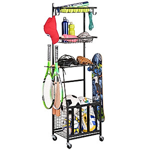 PLKOW Sports Equipment Storage for Garage, Indoor Outdoor Sports Rack for Garage, Ball Storage Garage Organizer with Basket and Hooks,Toy Sports Gear Storage