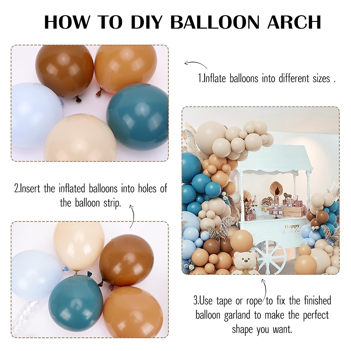 RUBFAC Blue Brown Balloon Garland Arch Kit, 142pcs Bear Baby Shower Decoration for Gender Reveal and Birthday Party Decoration, Jungle and Boho Theme Party Decoration