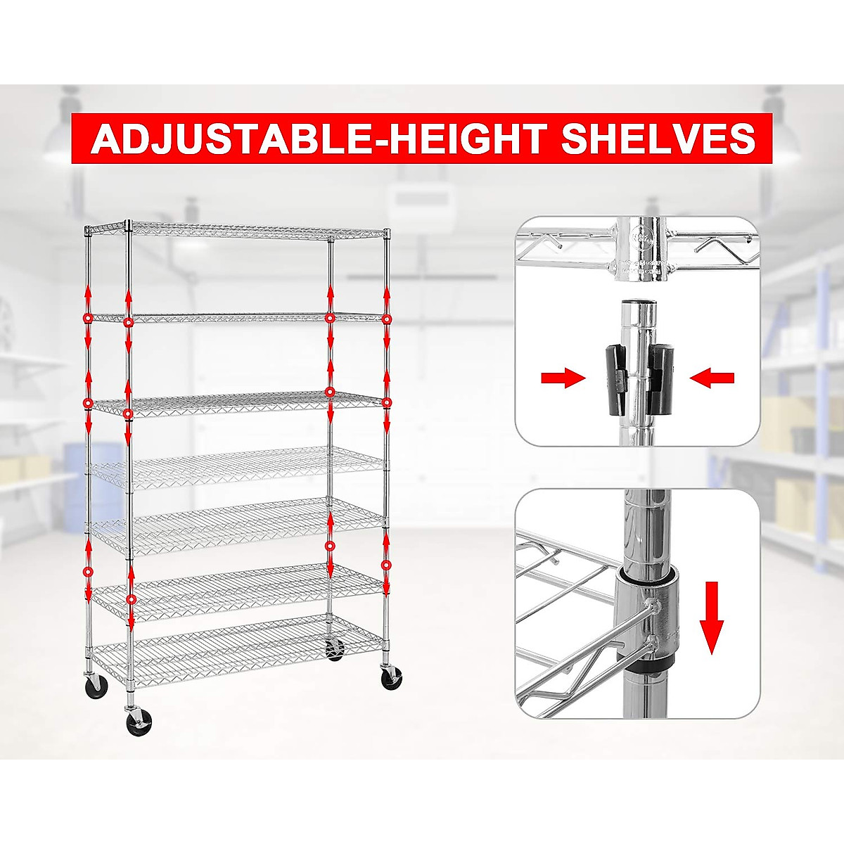 FDW 48 inch L×18 inch W×76 inch H Wire Shelving Unit Metal Shelf with 6 Tier Casters Adjustable Layer Rack Strong Steel for Restaurant Garage Pantry Kitchen Garage, Chrome