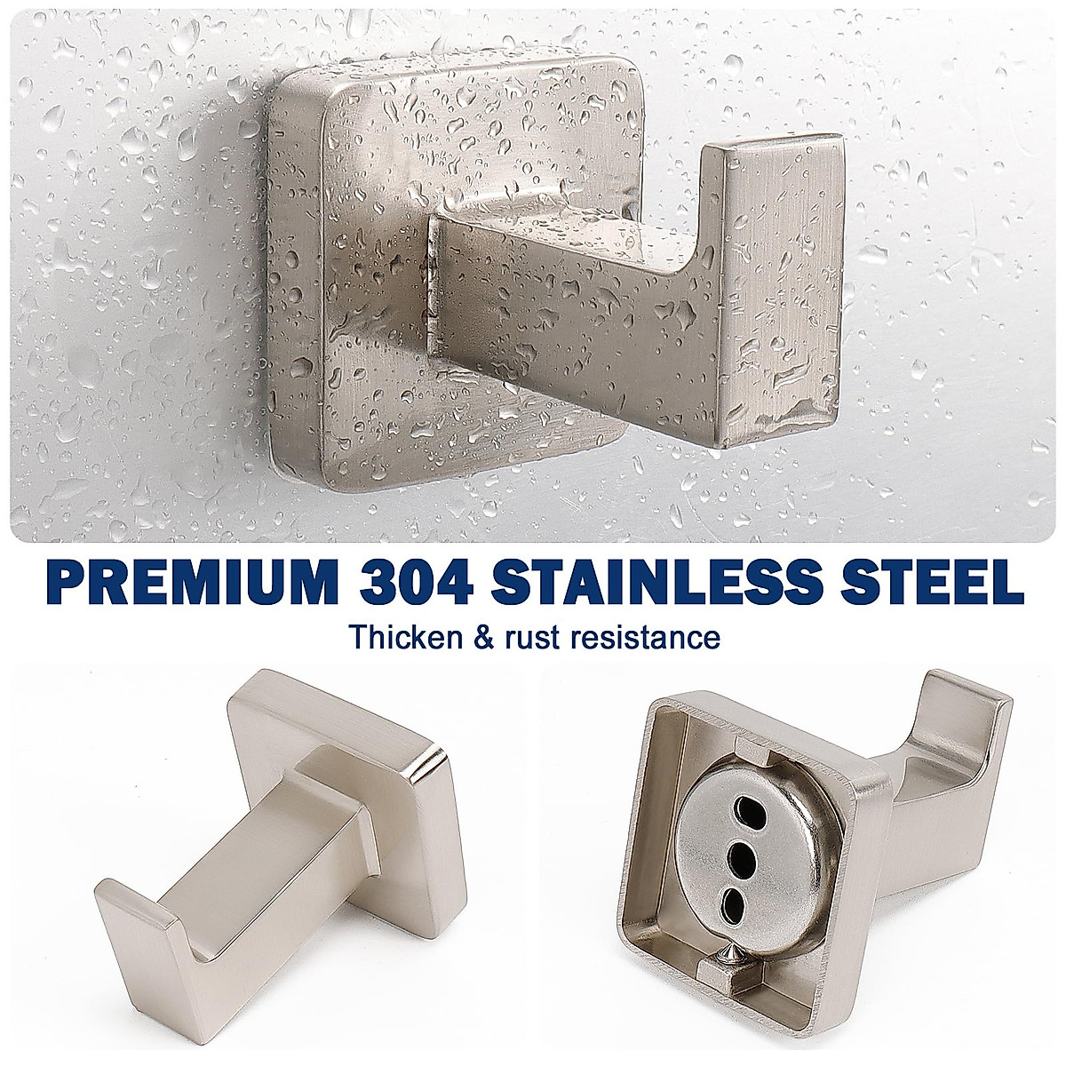 NearMoon Bath Towel Hooks -SUS304 Stainless Steel Square Clothes Robe Hooks Hanger, Heavy Duty Coat Hooks for Bathroom Livingroom Hotel Kitchen Garage, Wall Mounted - 3 Pack (Brushed Nickel)