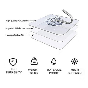 Wall Hooks for Hanging, Heavy Duty Adhesive Hooks, 20 Pack Removable Sticky Ceiling Hooks, Transparent Self Adhesive Shower Hooks,Water & Oil Proof Strong 22lb(Max) Door Coat Hooks