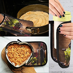 Vintage Red White Wine Grapes Wooden Oven Mitts Quilted Cotton Lining Potholders BBQ Gloves-Oven Mitts and Pot Holders Heat Resistant Kitchen Gloves Safe Mats for Baking Cooking