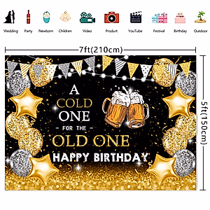 Wollmix Birthday Party Decorations for Men Happy Birthday Banner Backdrop Cheers and Beers A Cold One for The Old One Black and Gold Photography Background Supplies Photo Studio Booth Props 7x5ft
