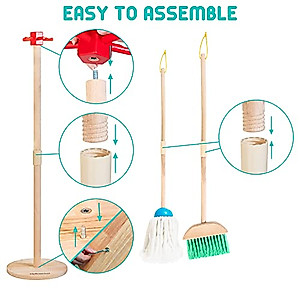 HELLOWOOD Kids Cleaning Set, 8pcs Housekeeping Play Set Includes Broom Mop Duster Dustpan Brushes Rag and Organizing Stand, Cleaning Toys Gift for Toddlers Girls Boys Age 3-6, Solid Beech Wood