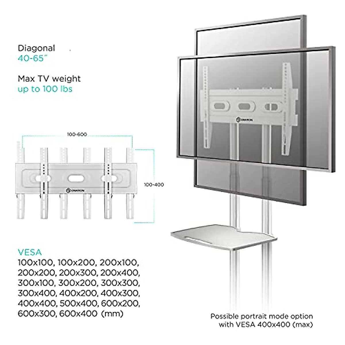 ONKRON Mobile TV Stand with Wheels Rolling TV Stand for 40-65 Inch LED LCD Flat or Curved Screen TVs up to 100 lbs - Height Adjustable TV Cart with Shelves - max VESA 600x400 (TS1351) White