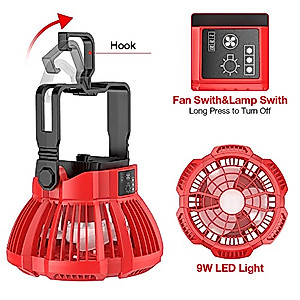 Hipoke Camping Fan for Milwaukee M18 18V Lithium-ion Battery, Portable Handheld Fan with 9W LED Lantern, Hook, 180°Head Rotation Outdoor Rechargeable Fan for Fishing, Office, Travel, Barbecue, Garage