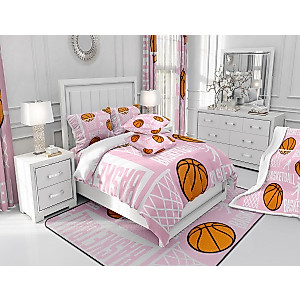 Feelyou Basketball Bedding Set Queen Basketball Lover Comforter Cover Set for Kids Teens Adults Pink Duvet Cover Sport Bedspread Cover Room Decor 3Pcs with 2 Pillow Case