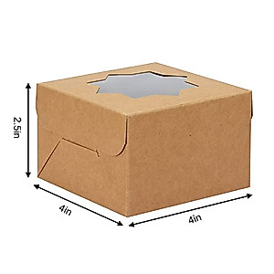 Moretoes 50pcs 4x4x2.5 Inches Brown Bakery Boxes with Window Cookie Boxes Kraft Paper Treat Boxes for Pastries, Small Cakes Box
