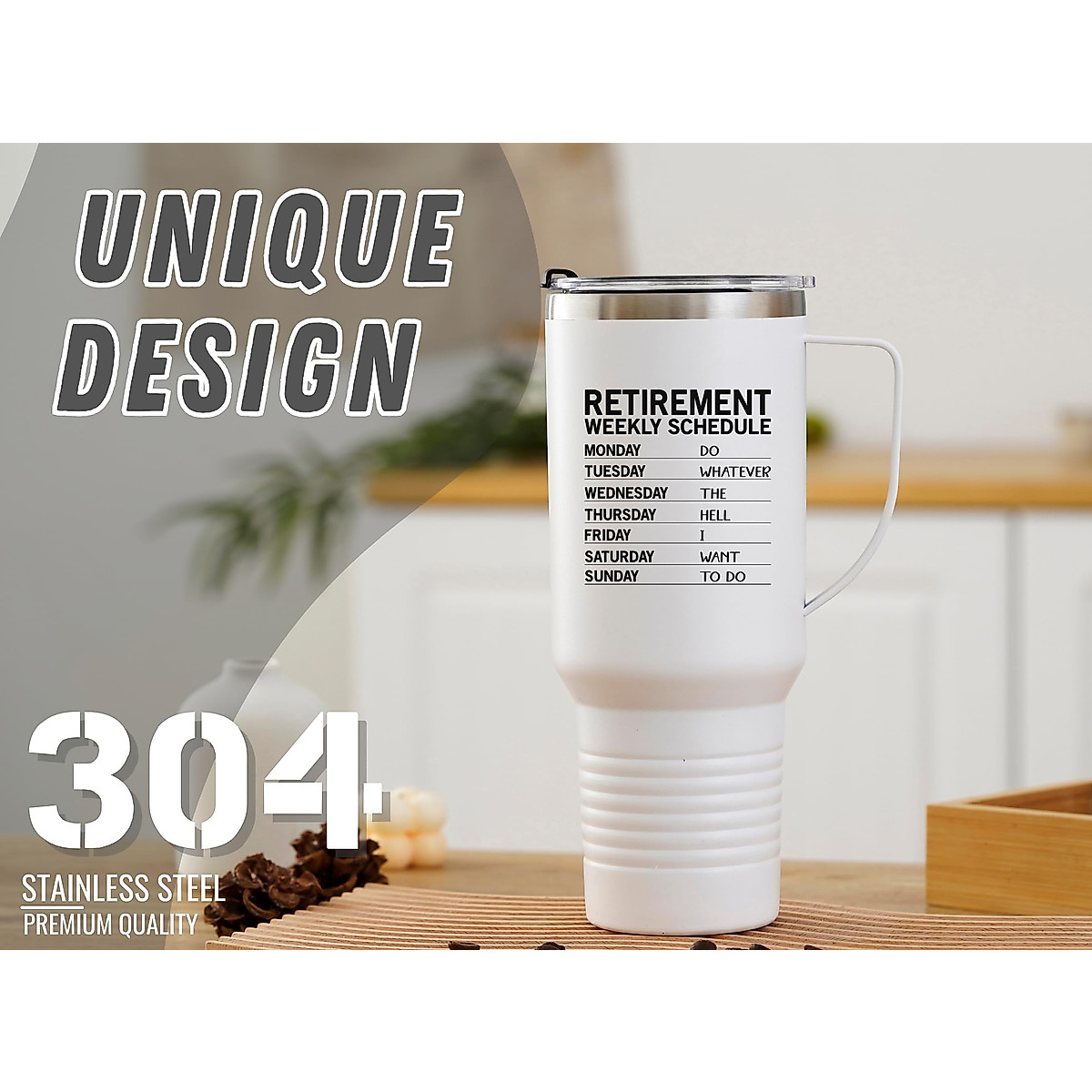 Onebttl Retirement Gifts for Men, Retirement Tumbler for Men 40oz Insulated Travel Cup with Handle, Retired Gifts for Dad, Grandpa, Friends, CoWorker (White, Schedule)