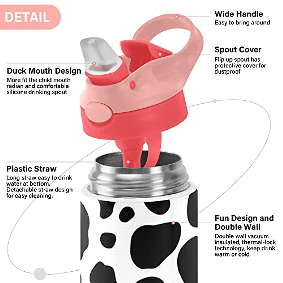 Black & White Cow Print Kids Water Bottle with Straw Lid, Vacuum Insulated Stainless Steel Double Walled Leakproof Tumbler Travel Cup for Girls Boys Toddlers, 12 oz