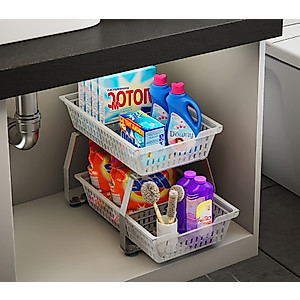 USHARP 2 Tier Clear Organizer with Dividers,Bathroom Organizer Under Sink Rack,Kitchen Pantry Medicine Cabniet Organizer Bins,Multipurpose Slide-Out Storage Container