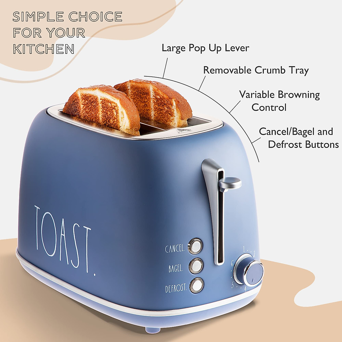 Rae Dunn Retro Rounded Bread Toaster, 2 Slice Stainless Steel Toaster with Removable Crumb Tray, Wide Slot with 6 Browning Levels, Bagel, Defrost and Cancel Options (Navy)