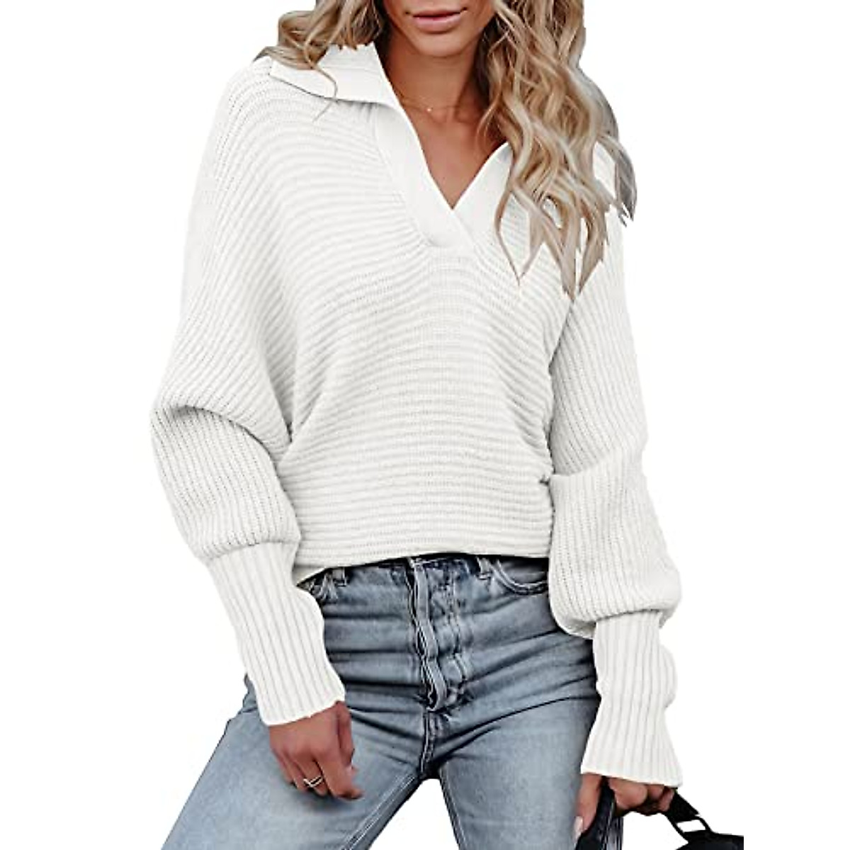 ANRABESS Women Polo V Neck Batwing Long Sleeve Casual Oversized Ribbed Knit Fall Pullover Sweater Top 599bai-L White