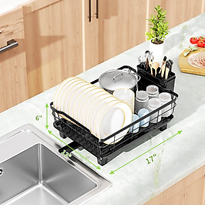 DMTXCRP Dish Drying Rack with Drainboard for Kitchen Counter, Large Capacity Durable Rustproof Stainless Steel Dish Drainer Rack with Removable Flatware Caddy -Black