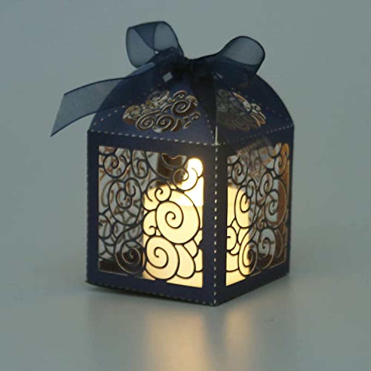 KPOSIYA 70 Pack Wedding Favor Boxes Laser Cut Boxes Party Favor Box Small Gift Boxes Lace Candy Boxes for Wedding Bridal Shower Baby Shower Birthday Party Anniverary with Ribbons (Navy, 70)