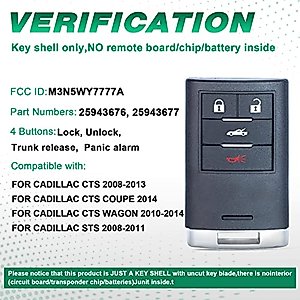 Beefunny Replacement 4 Button Smart Remote Car Key Shell Case Fob for Cadillac XLR, for Chevrolet Corvette M3N5WY7777A (ONLY A KEY SHELL)