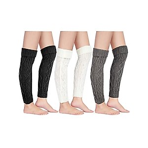 SATINIOR 3 Pairs Knit Leg Warmer Cable Footless Sock Winter High Leg Warmer for Women Girls (White, Light Gray, Black)