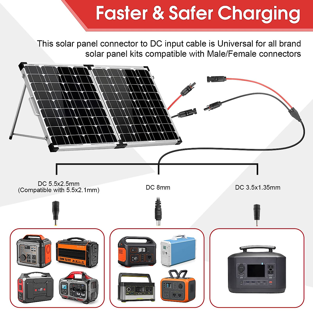 PAEKQ Solar Panel Connector to DC 8mm Adapter Cable, Solar Connectors Extension Cable 6Ft 14AWG with DC 5.5x2.5mm and DC 3.5x1.35mm Adapter for Jackery GZ Yeti and 8mm Input Port Solar Generator