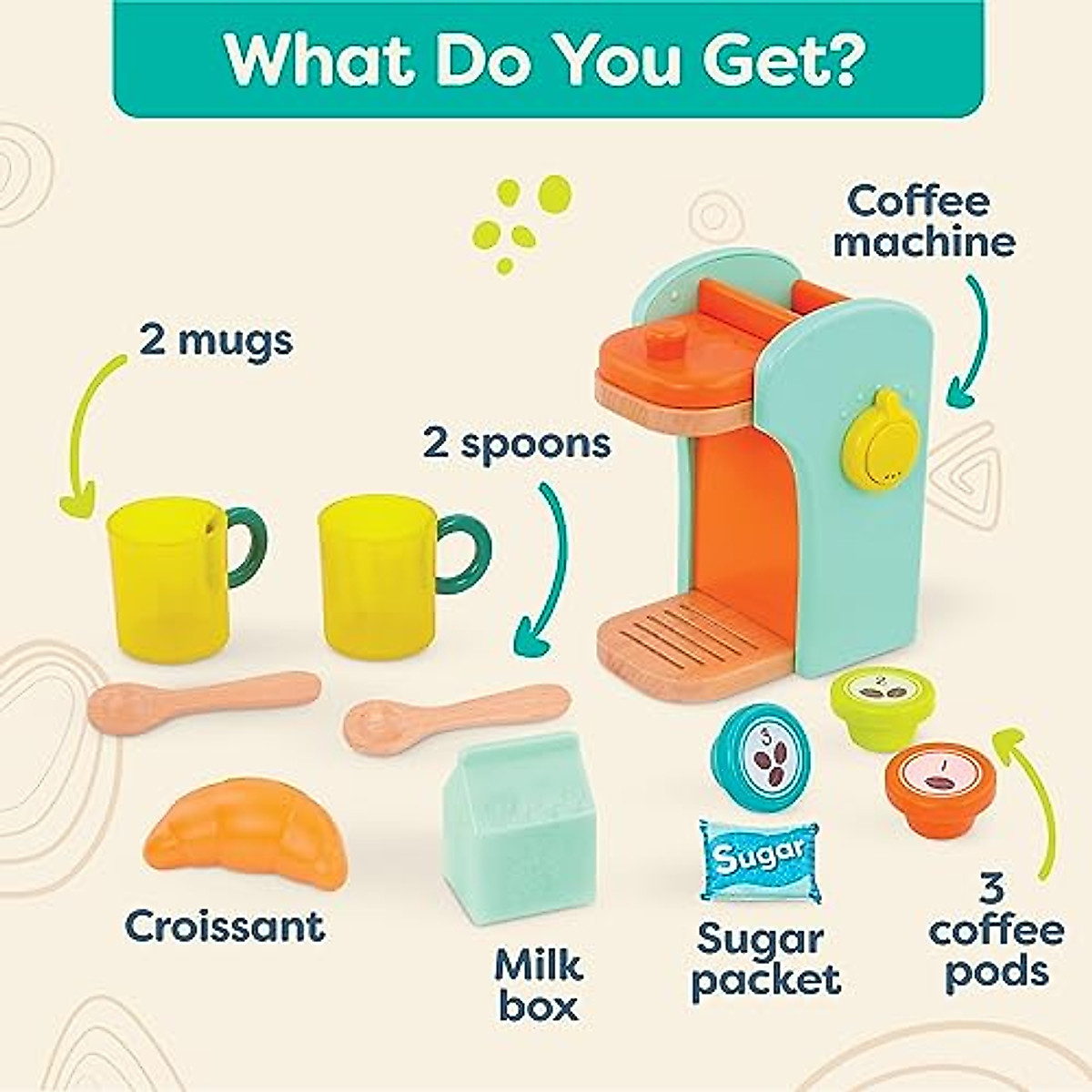 B. toys- Café au Play- Pretend Play Wooden Coffee Maker for Kids- Wooden Coffee Machine Set – 10 Pretend Play Accessories – Kitchen Play Set – 2 Years +