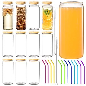 AJARAERA 20 oz Glass Cups with Lids and Straws,Beer Glasses,Drinking Glasses, Iced Coffee Cup,Glass Cups of 12