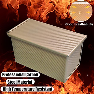 Shlia Pullman Loaf Pan with Lid Non-Stick Carbon Steel Bread Toast Mold Box with Cover Corrugated Bakeware for Baking Bread 0.99 lb Dough Capacity (8.4X4.4X4.3INCH) Free 2pcs Cream Spatula