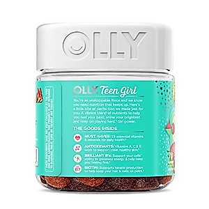 OLLY Teen Girl Multi Gummy, Healthy Skin and Immune Support, 15 Essential Vitamins, Biotin, Zinc, Calcium, Chewable Multivitamin, Berry Melon, 35 Day Supply - 70 Count