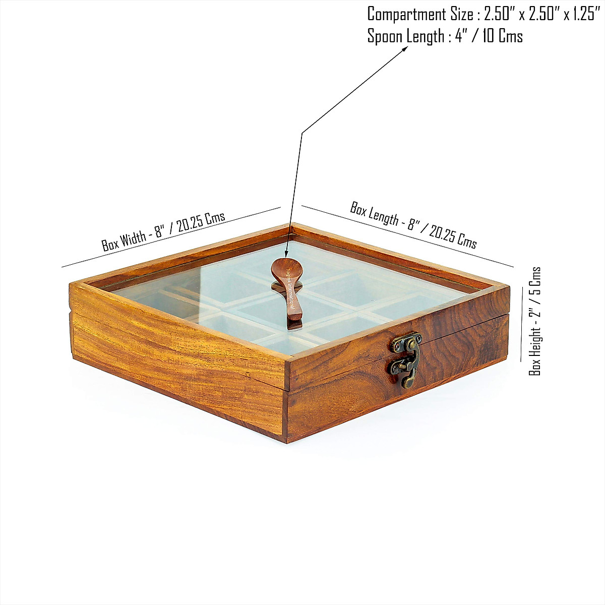 8" Wooden Handcrafted Multi-Compartment Square Storage Box | Kitchen Ware Jar Container Canister For Spices/Sugar/Tea/Dry Fruits/Masala | Christmas Premium Gifts Ideas
