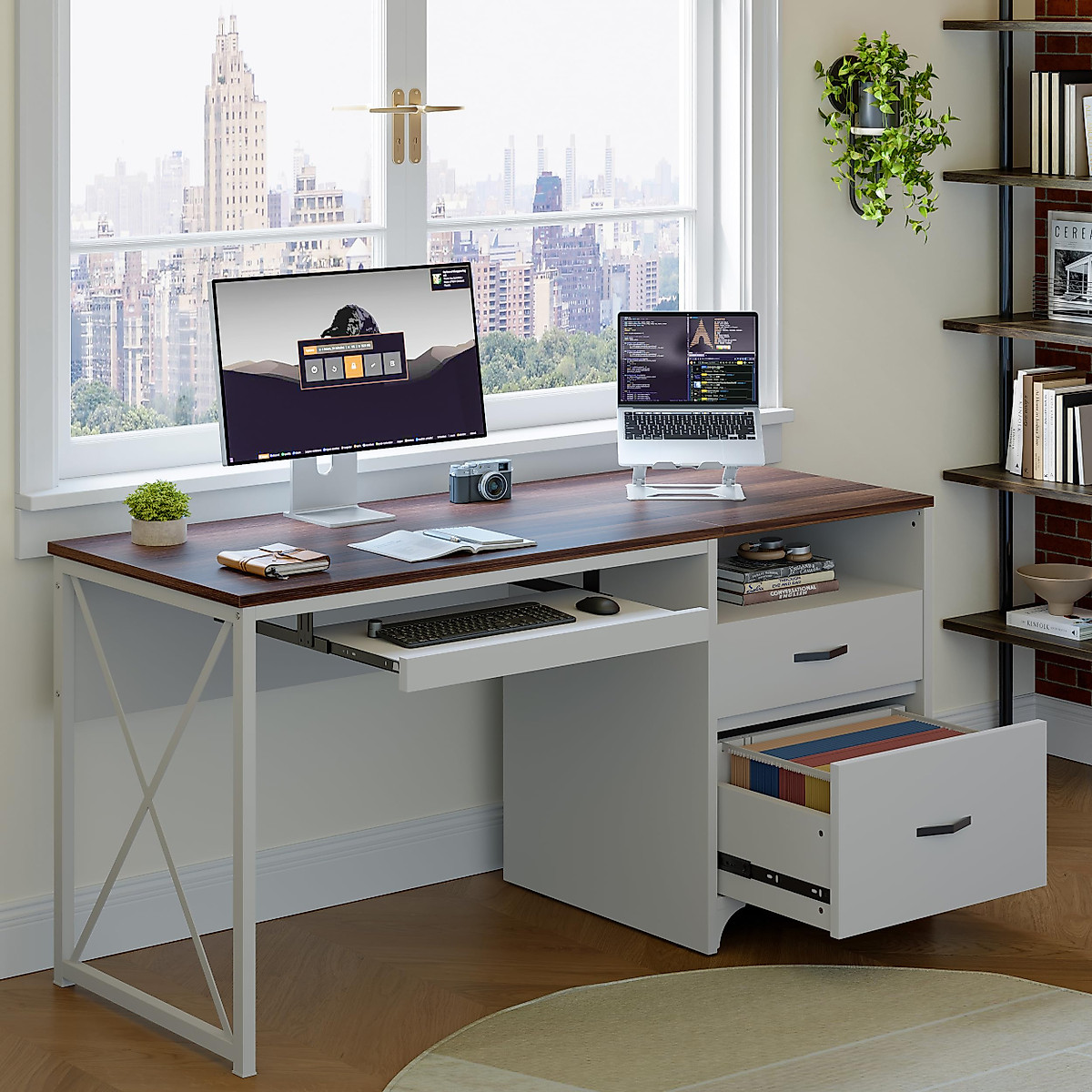 Bestier Office Desk with Drawers, 55 inch Industrial Computer Desk with Storage, Wood Teacher Desk with Keyboard Tray & File Drawer for Home Office, Walnut