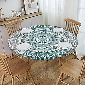 WILL BUDXEG Teal Grey Boho Modern Mandala Turquoise Round Fitted Table Cover Elastic Edge Circle Tablecloth for Outdoor Dining Party Holiday Fits Table up 45"-50" Diameter