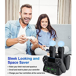 PS4 Controller Charging Dock Station, 4 in 1 PS VR Motion Move Controller Charger Station, Fast Playstation 4 Controller Charger with LED Indicator Compatible with PS4/Slim/PS4 Pro/PS VR Charging Dock