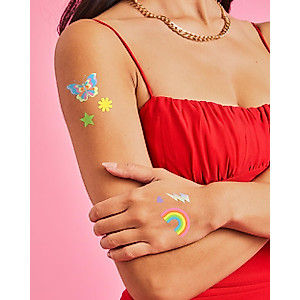xo, Fetti Groovy Disco Glow in Dark + Foil Temporary Tattoos - 82 pc | Flower Power Birthday Party Supplies, Rave Bachelorette Party Favors, Smiley Decorations, Y2K, Rainbow Arts and Crafts