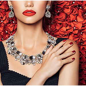 JOERICA Bib Statement Necklace for Women Chunky Choker Necklace and Earrings Set Vintage Rhinestone Statement Necklace Fashion Costume Set for Women