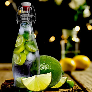 Nevlers Set of 6 | 8.5 Oz. Glass Bottle Set with Swing Top Stoppers and Includes Bottle Brush, Funnel and Gold Glass Marker | Swing Top Glass Bottles | Clear Glass Water Bottle