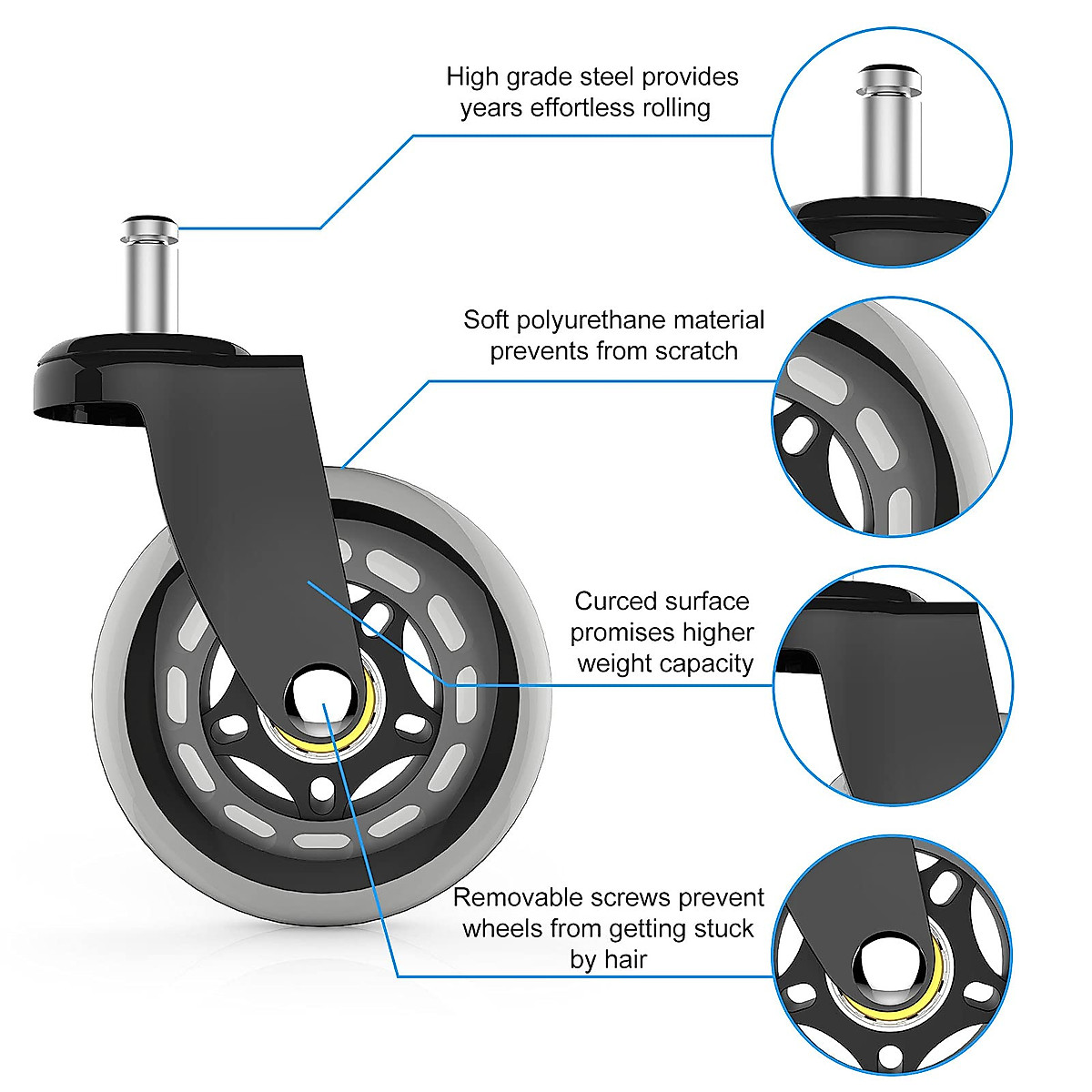 Office Chair Caster Wheels,Heavy Duty Office Chair casters for Chairs to Replace Chair mats ，3"Replacement Chair Casters with 7/16" x 7/8" Stem,Universal fit（Single-Black）