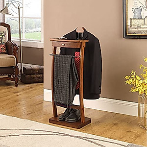 Proman Products Kingsman Suit Valet Stand VL37074 with Drawer, Top Tray, Contour Hanger, Trouser Bar, Tie & Belt Hooks and Shoe Rack, 15.5" W x 12" D x 44.5" H, Walnut