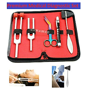 Premium Student Diagnostic Kit- Reflex Hammer & Tuning Fork Set C 128 And C 512 + Wartenberg Pinwheel Premium Steel Bandage Scissor 7.5” (Set Of 5 Rainbow Scissors Reusable Penlight)