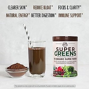 COUNTRY FARMS Super Greens Chocolate Flavor, 50 Organic Super Foods, USDA Organic Drink Mix, Fruits, Vegetables, Super Greens, Mushrooms & Probiotics, Supports Energy, 20 Servings, 10.6 Oz