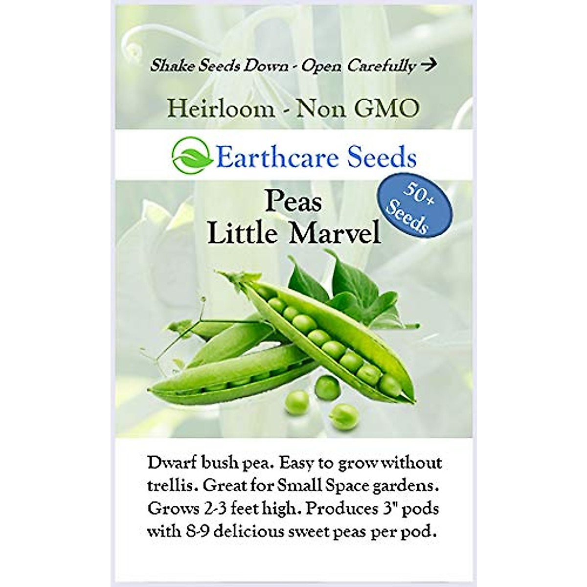 Earthcare Seeds Peas Little Marvel Sweet Dwarf Bush Pea 50 Seeds (Pisum sativum) No GMO – Open Pollinated - Heirloom