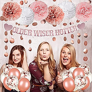 Rose Gold Older Wiser Hotter Decorations, Glitter Funny Birthday Banner and Tissue Paper Tassels Garland for Girls Women Birthday Party Decorations