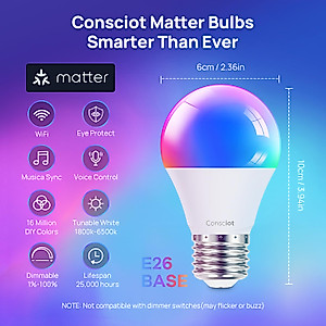 Consciot Smart Light Bulbs,WiFi Bluetooth Bulbs Works with Alexa/Google Home/Siri/SmartThings, RGBTW Color Changing LED Light Bulb, Music Sync Smart Bulbs E26 9W 800LM A19 Matter Smart Bulb, 2 Pack