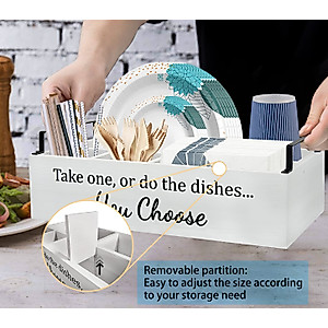 Kitchen Countertop Paper Plate Caddy Holder, Wood Utensil Caddy Holder Organizer for Plates and Cutlery, Silverware Caddy Picnic Caddy Condiment Caddy for Parties BBQ and Outdoor Kitchen Accessories