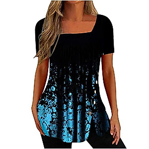 SMIDOW Womens Tunic Tops to Wear with Leggings 2023 Trendy Summer Short Sleeve Square Bohemian Shirts Long t-Shirt with Slit