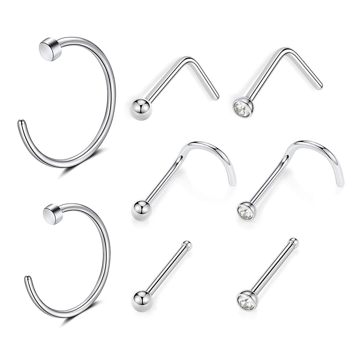 GAGABODY G23 Titanium 20G Nose Ring Hoop 2mm Press Fit Crystal Gem Nose Screw Nose Studs Ring L-Shaped Bone Piercing Jewelry