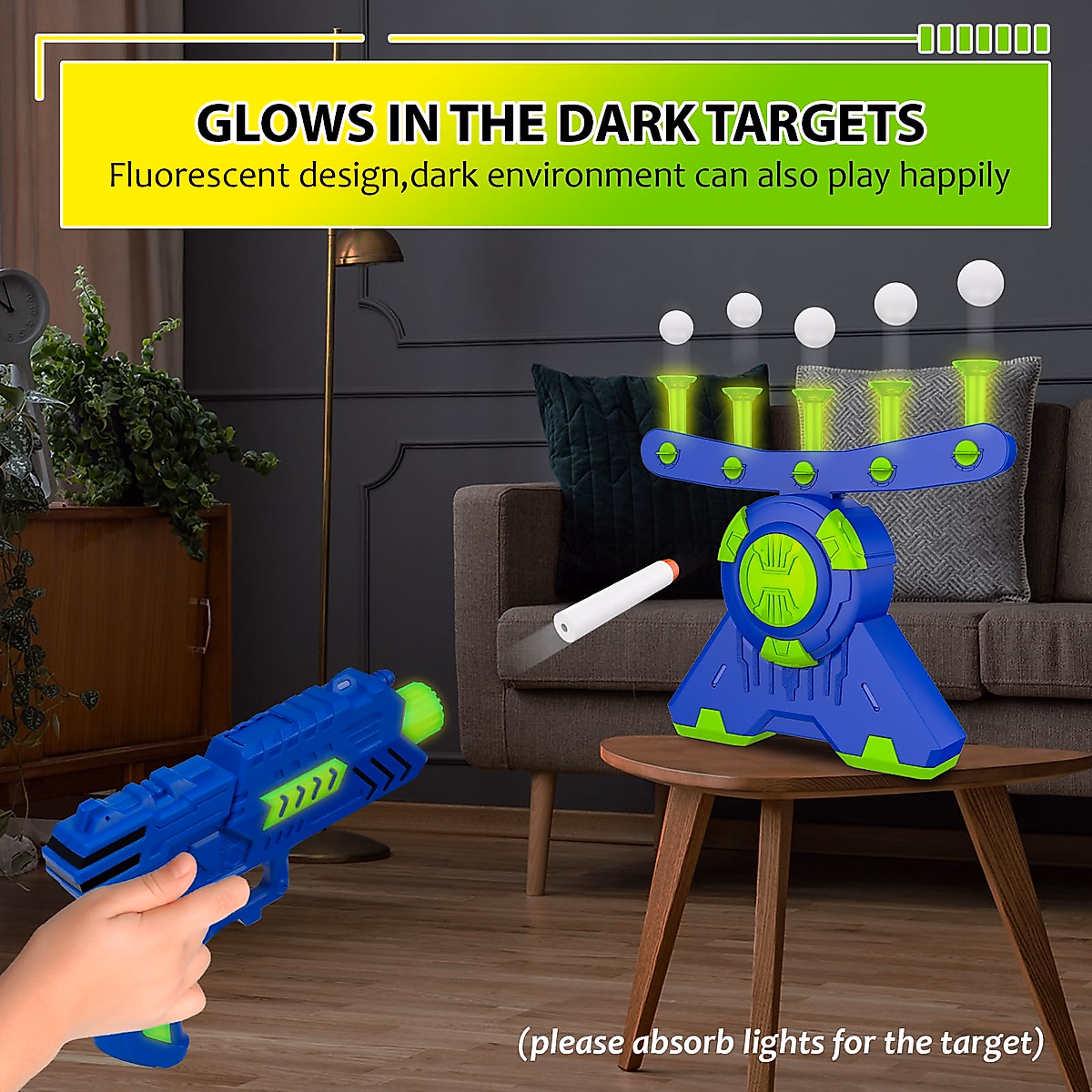 Shooting Games Toy Gift for Age 5, 6, 7, 8, 9, 10+ Years Old Kids, Glow in The Dark Boy Toy Floating Ball Targets with Foam Dart Toy Blaster, 10 Balls 5 Targets