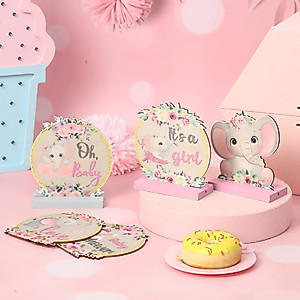 8 Pieces Pink Elephant Baby Shower Decorations Elephant Table Centerpiece Wooden Baby Shower Centerpieces for Girls Cute Wooden Sign for Baby Shower Birthday Photo Props Party Supplies, 8 Styles