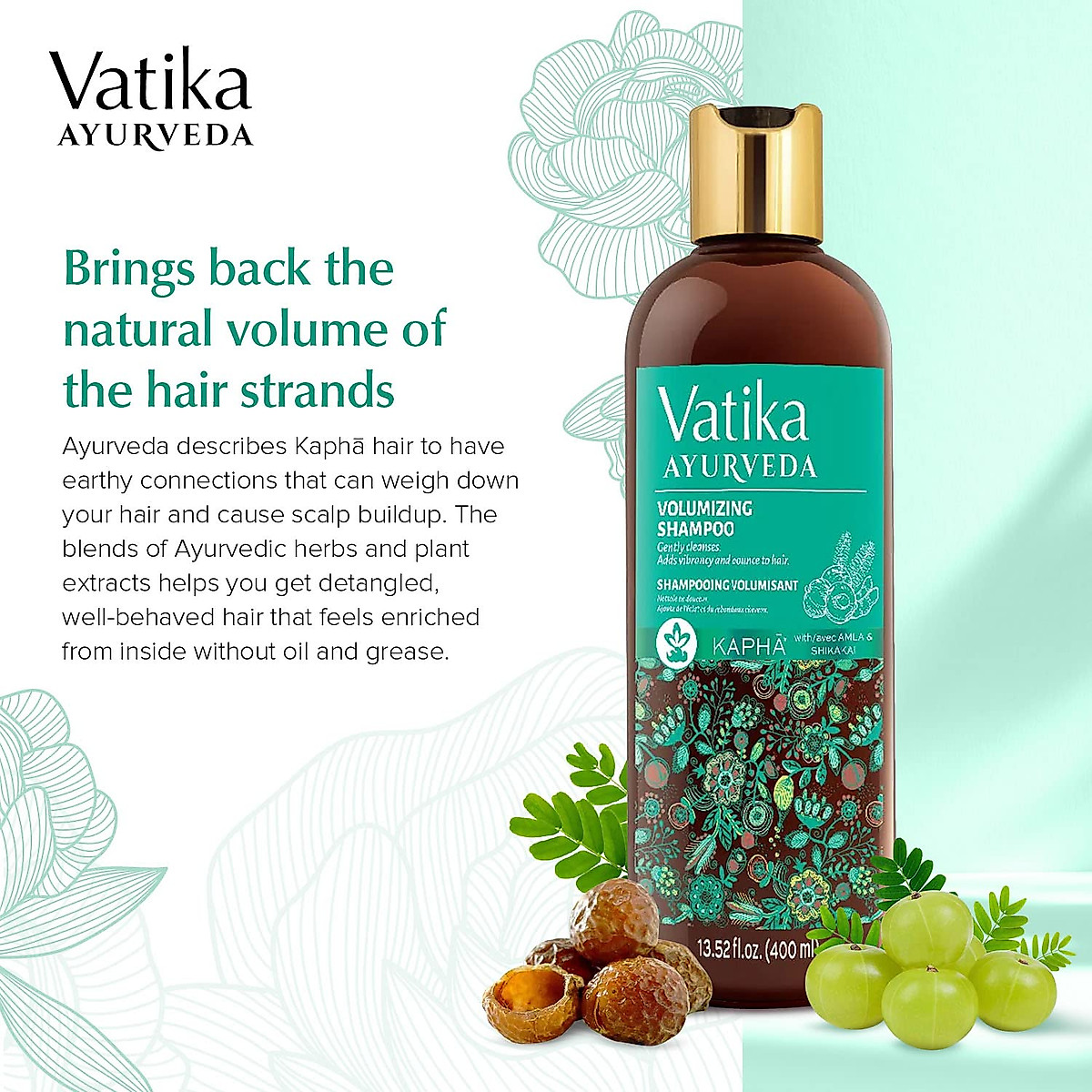 Vatika Ayurveda Volumizing Shampoo - Volumize Fine Hair, Thickening Salon Shampoo Contains Indian Gooseberry (Amla) + Soap Berry (Shikakai) Essential for Hair Volume & Shine, 400ml (For Kapha)