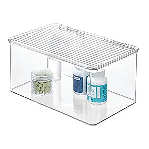 iDesign Med+ Plastic Bathroom Vanity Organizer Bin with Lid for Medication, Accessories, Cosmetics and More, 7.25" x 10.75" x 5", Clear